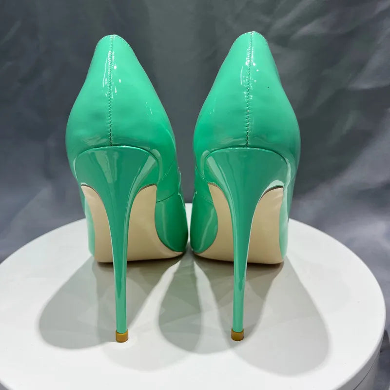 Glossy Green Side V Cut Women Patent Pointy Toe Curl Cut High Heel Dre ...