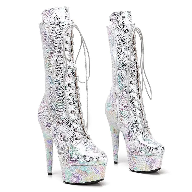 New White Snake PU Upper 15CM/6Inch Women's Platform Party High Heels ...